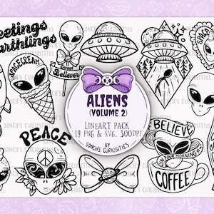 Alien Lineart Svg / UFO Spooky Clipart / Horror / Gothic Elements, 15 ...