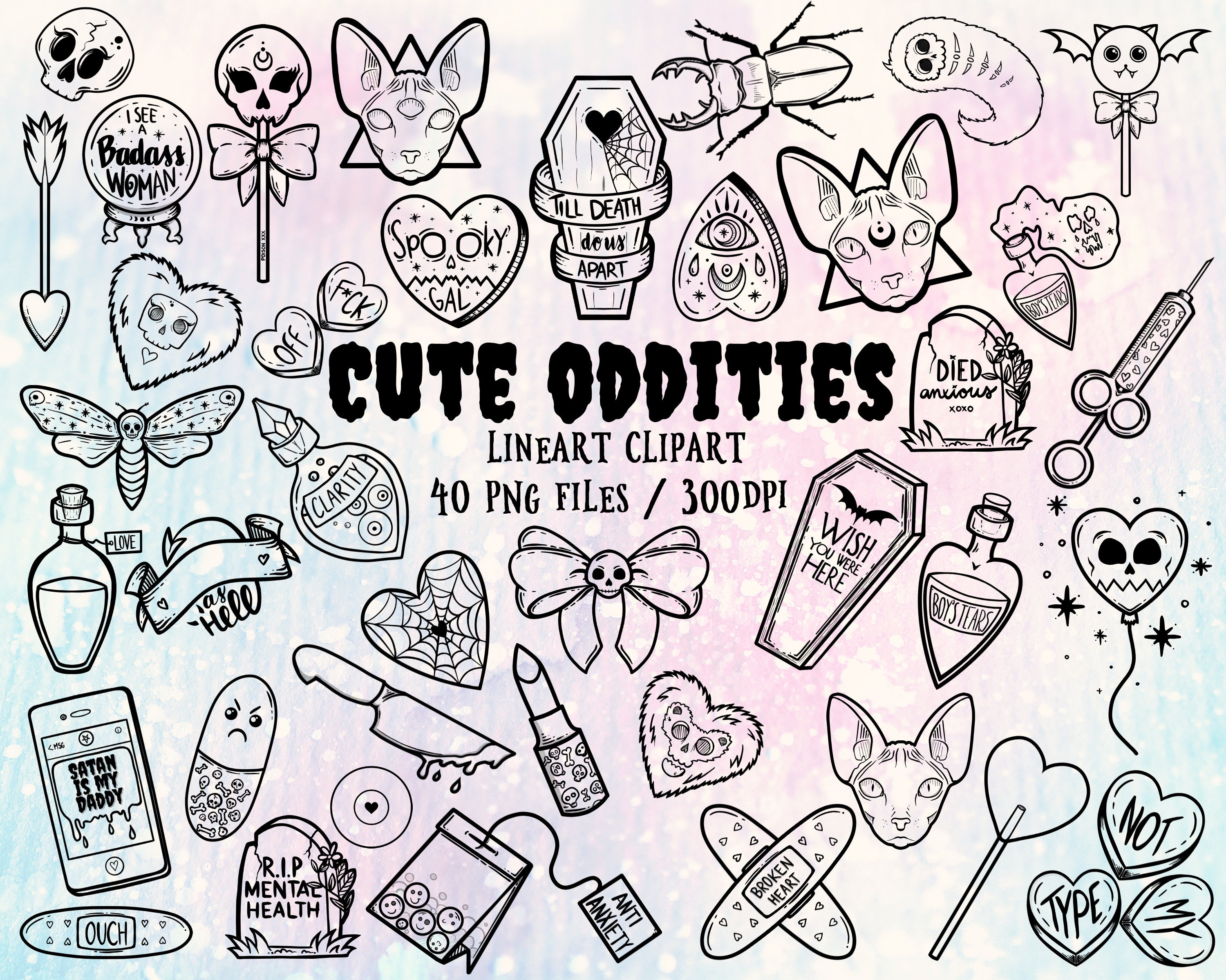Cute Oddities Spooky Lineart Clipart Bundle Soft Goth Png - Etsy UK