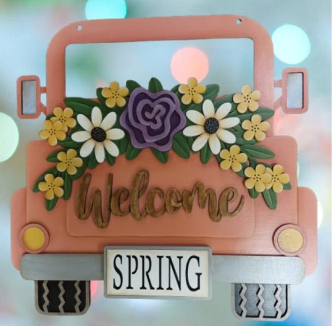 18" Welcome Spring Pink Truck With Flowers Handpainted 18" Multi ...