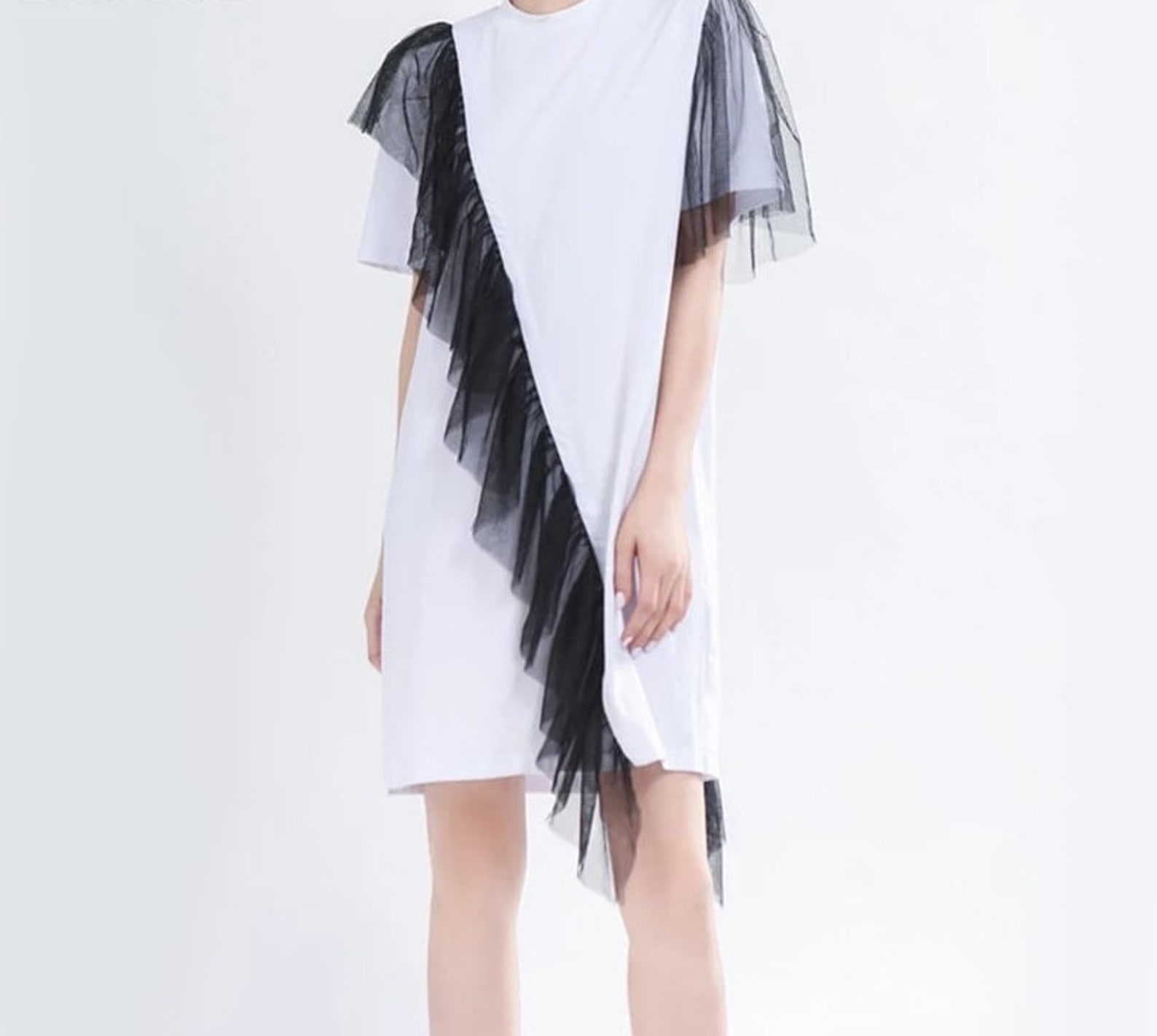 White Black Mesh Ruffles Split Dress Summer Patchwork Tulle - Etsy