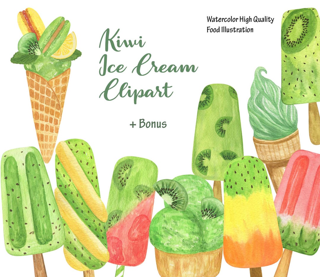 Kiwi Ice Cream Watercolor Sweet Dessert Clipart, PNG Files for Instant ...