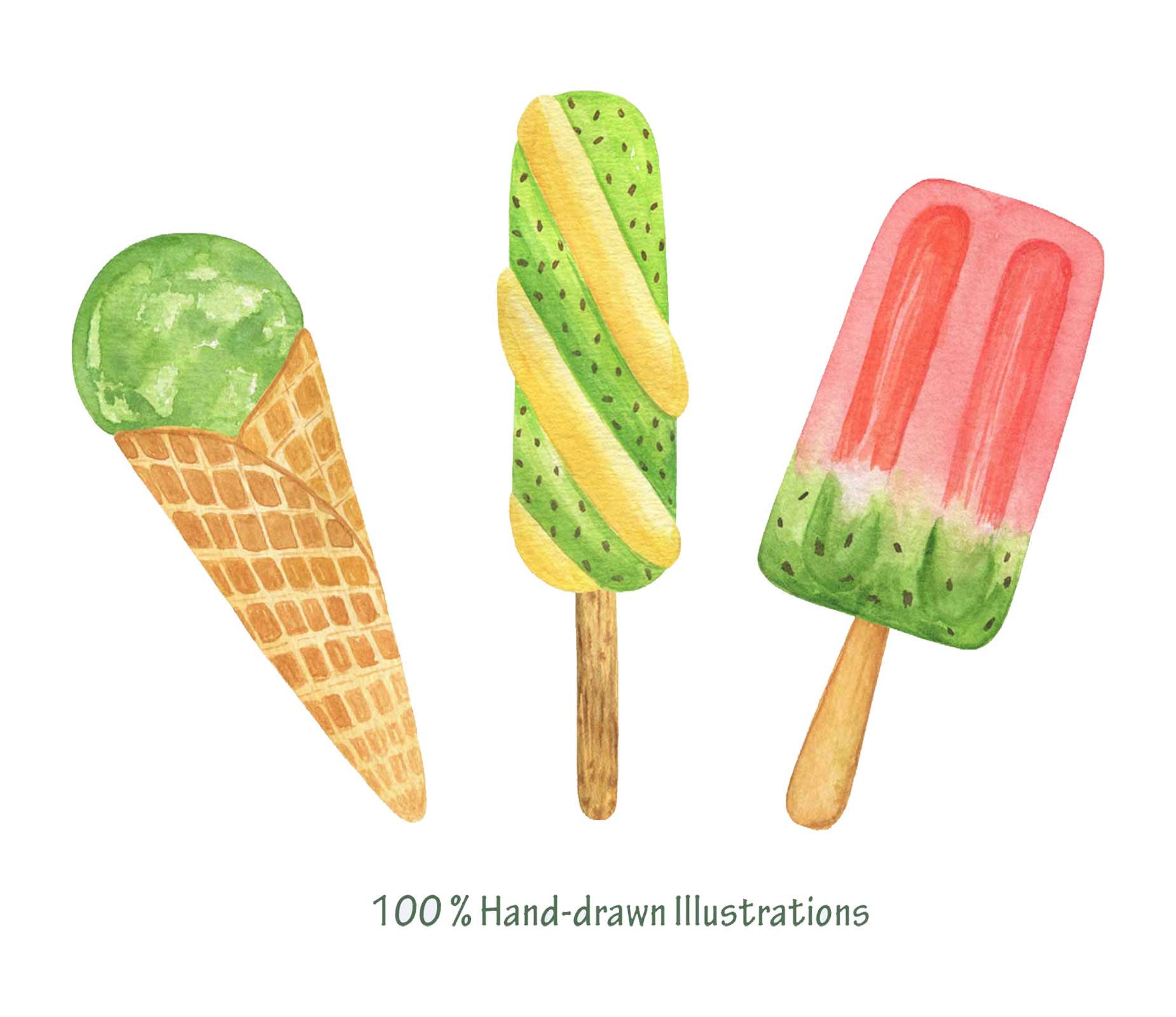 Kiwi Ice Cream Watercolor Sweet Dessert Clipart, PNG Files for Instant ...