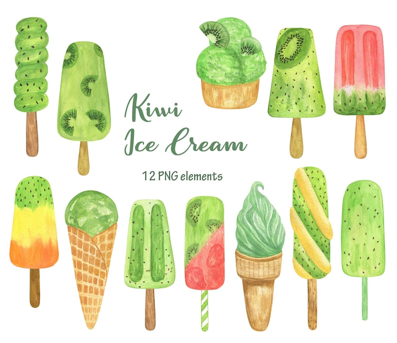 Kiwi Ice Cream Watercolor Sweet Dessert Clipart, PNG Files for Instant ...
