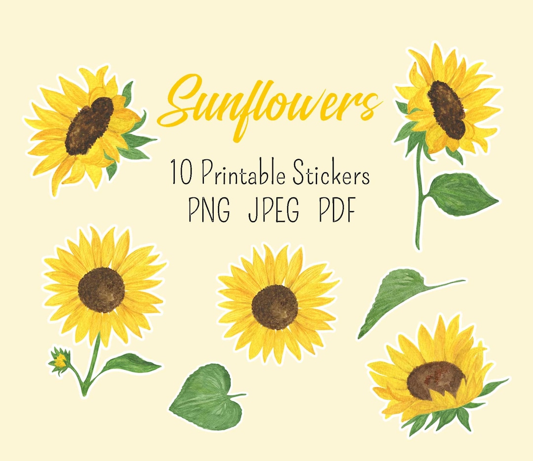 Sunflower Sticker Pack, Watercolor Sunflower PNG, Sunflower Planner ...