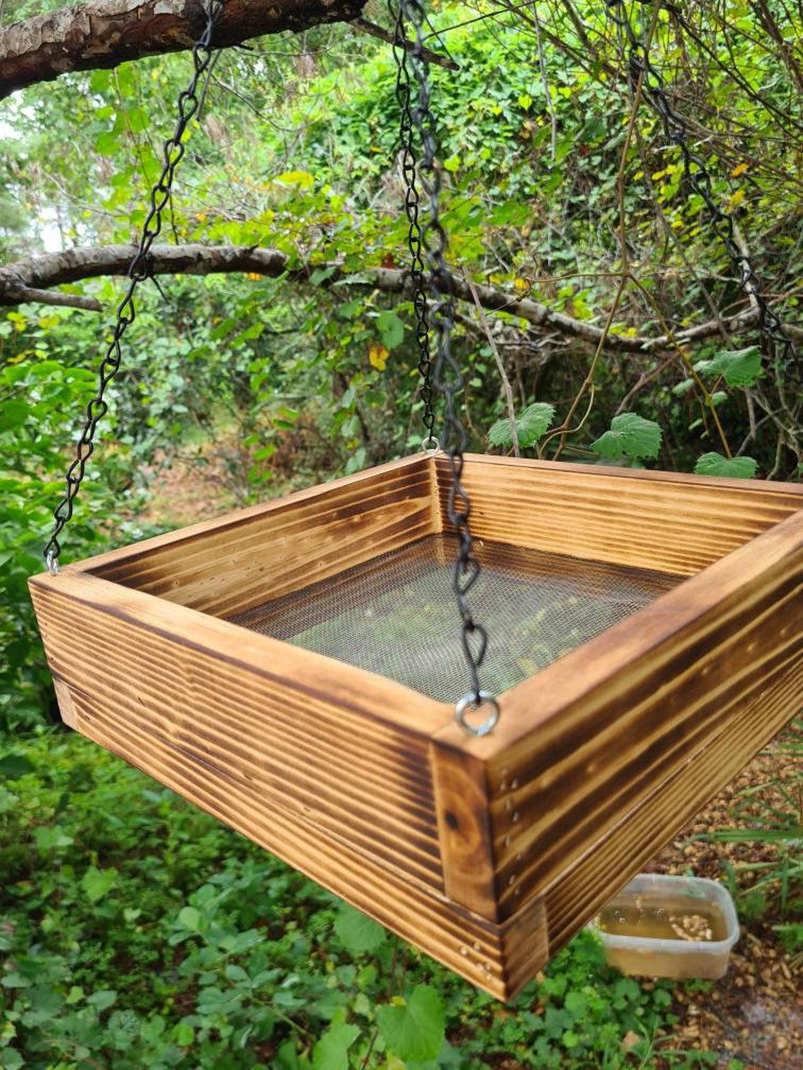 Screened Bird Feeder with Torched Wood Boarder and Chain with | Etsy