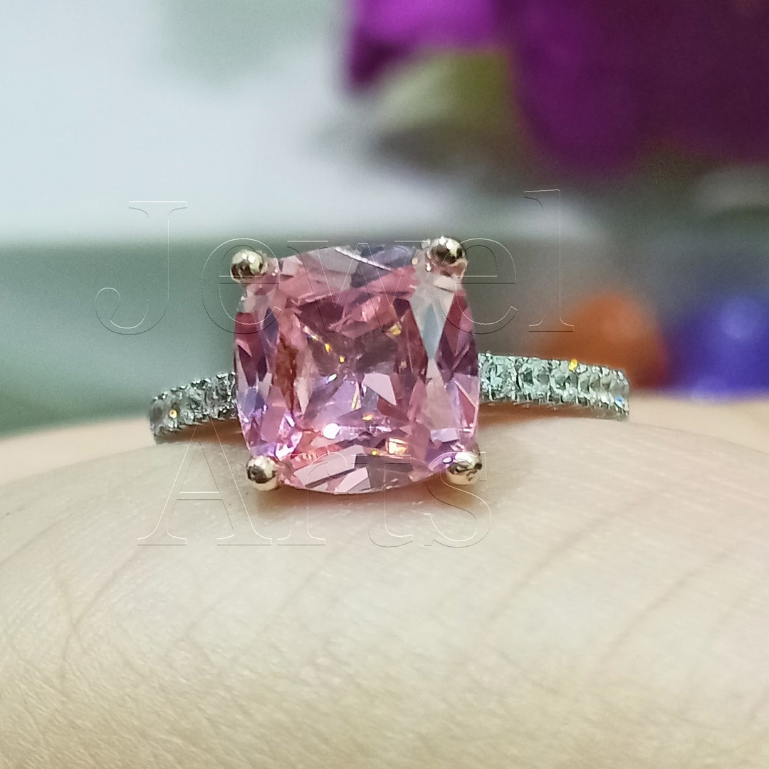 Cushion Cut Pink Diamond Ring. Bridal Engagement Ring. Diamond Simulant ...