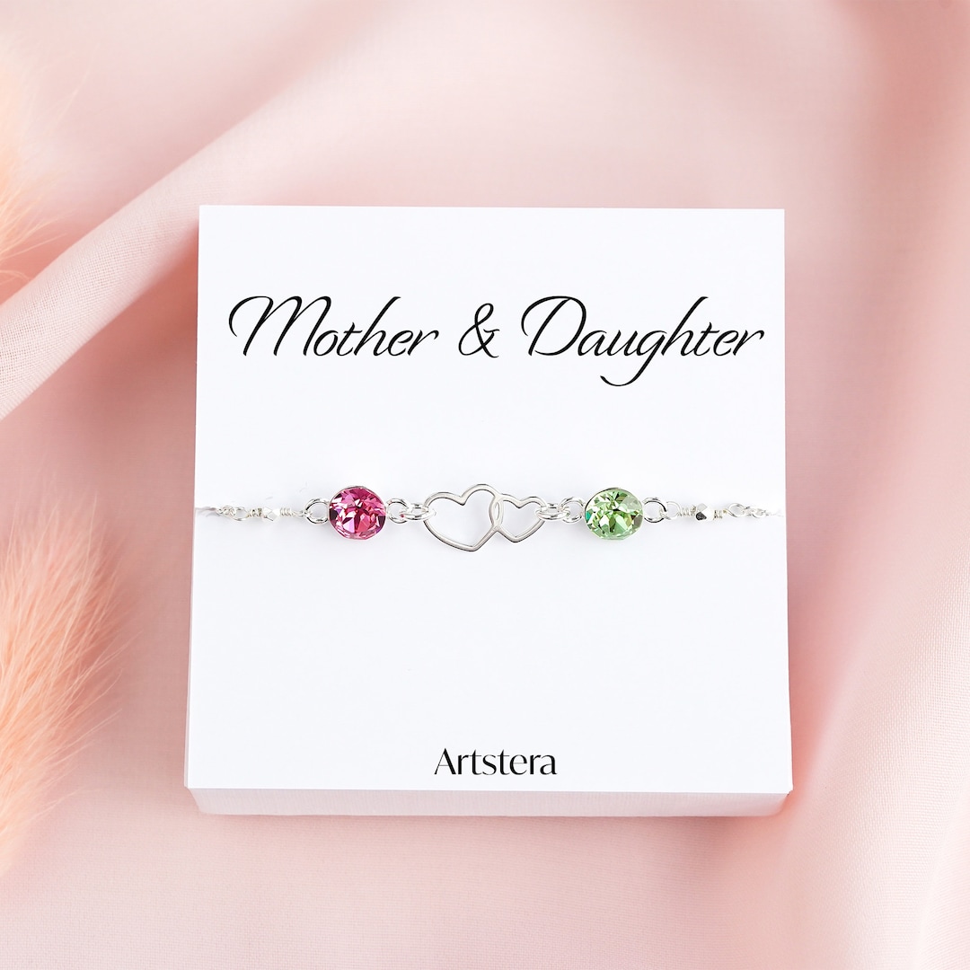 Sterling Silver Mother Daughter Bracelet: Two Heart Birthstone Keepsake ...