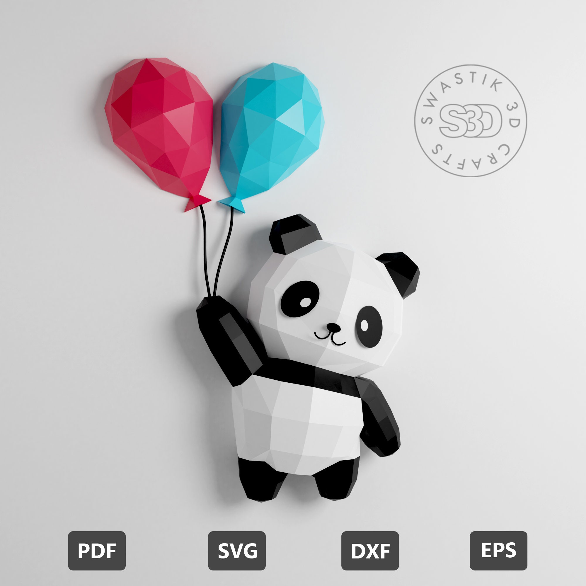 Flying Panda With Balloons 3D Papercraft Template (PDF) - Etsy