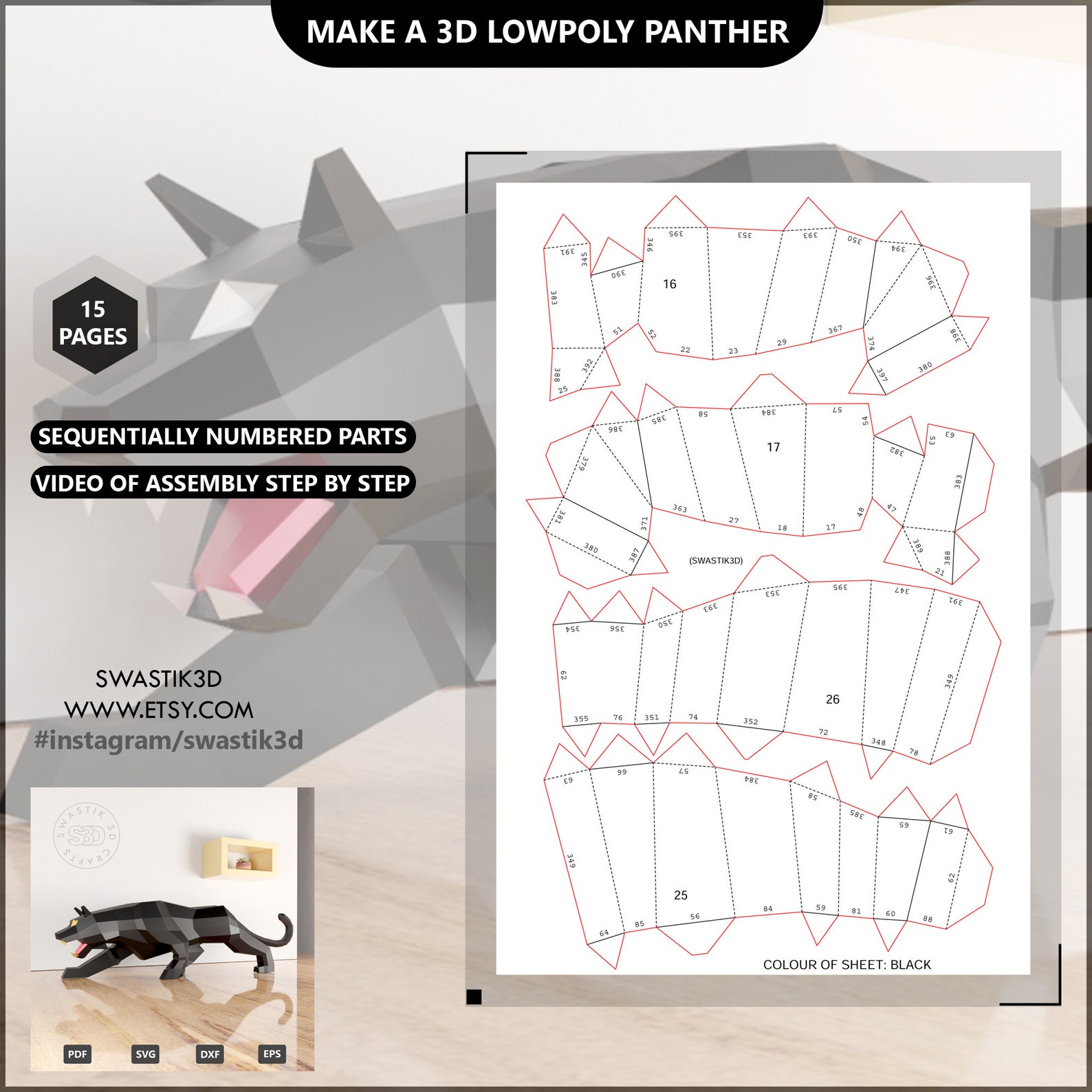 PDF Template of Panther Paper Craft Lowpoly Panther Paper - Etsy