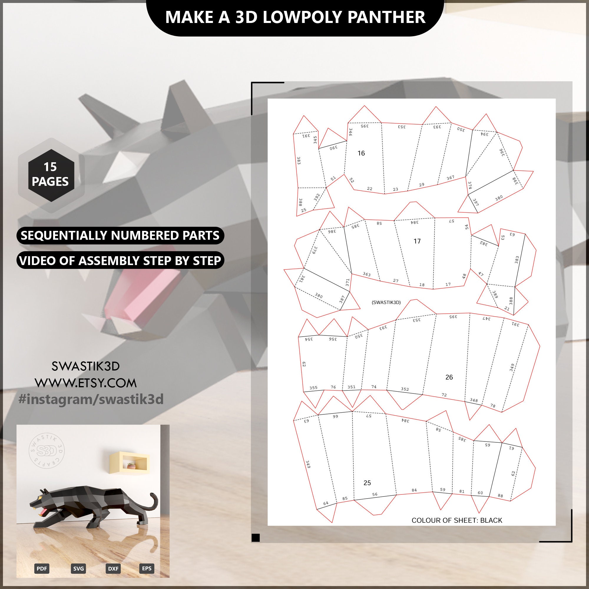 PDF Template of Panther Paper Craft Lowpoly Panther Paper - Etsy