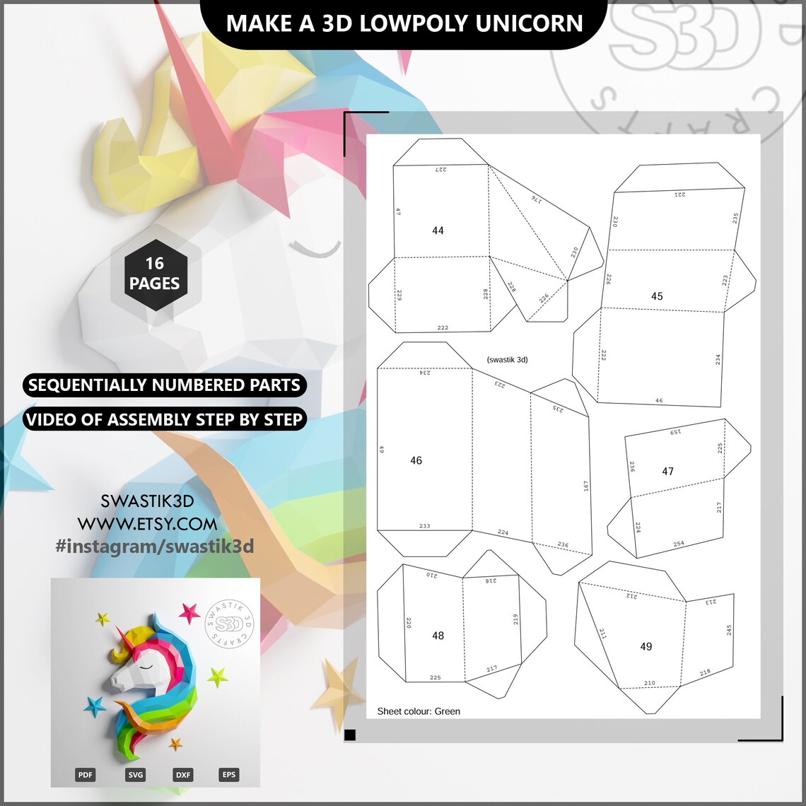 Unicorn Paper Craft PDF Template Lowpoly Unicorn Model - Etsy UK