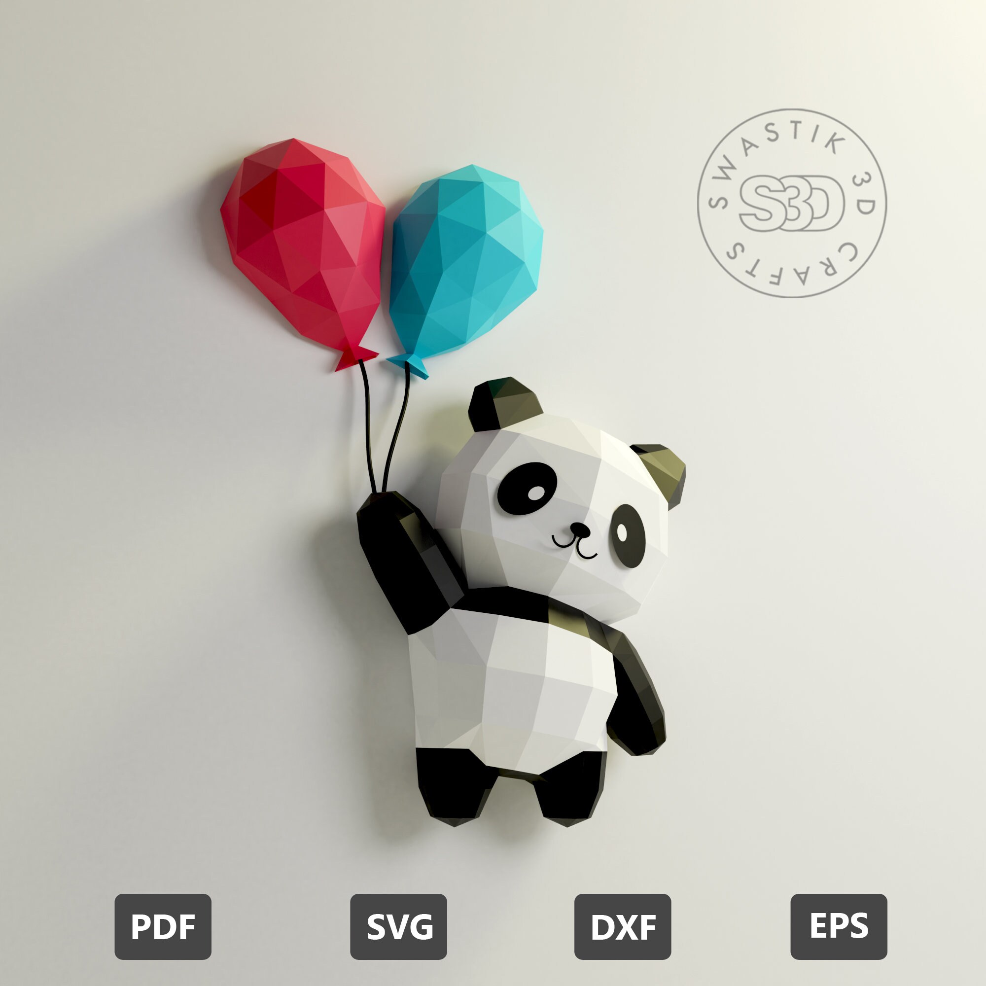 Flying Panda With Balloons 3D Papercraft Template (PDF) - Etsy