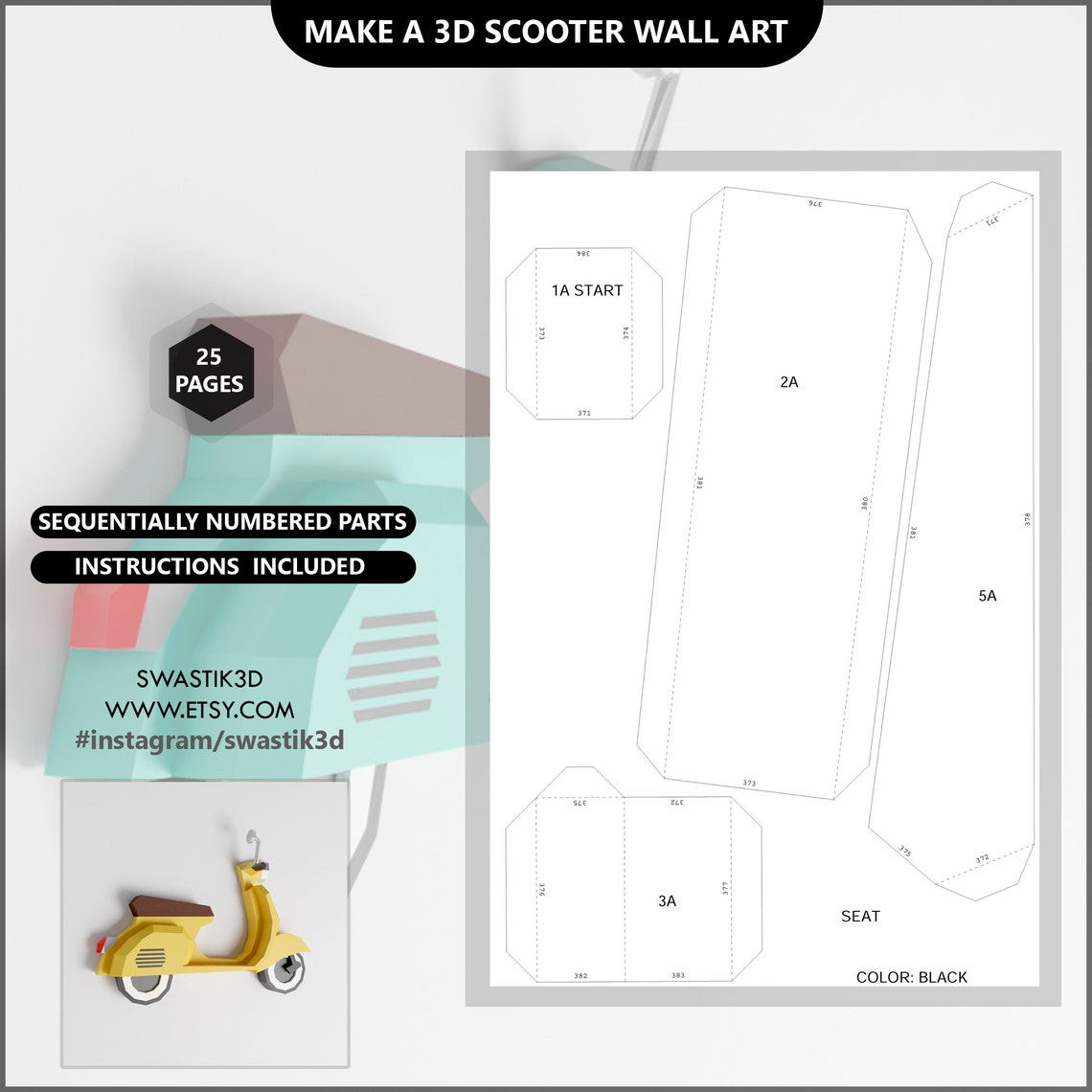 Scooter 3D Papercraft Papercraft Template of 3D Scooter - Etsy Australia