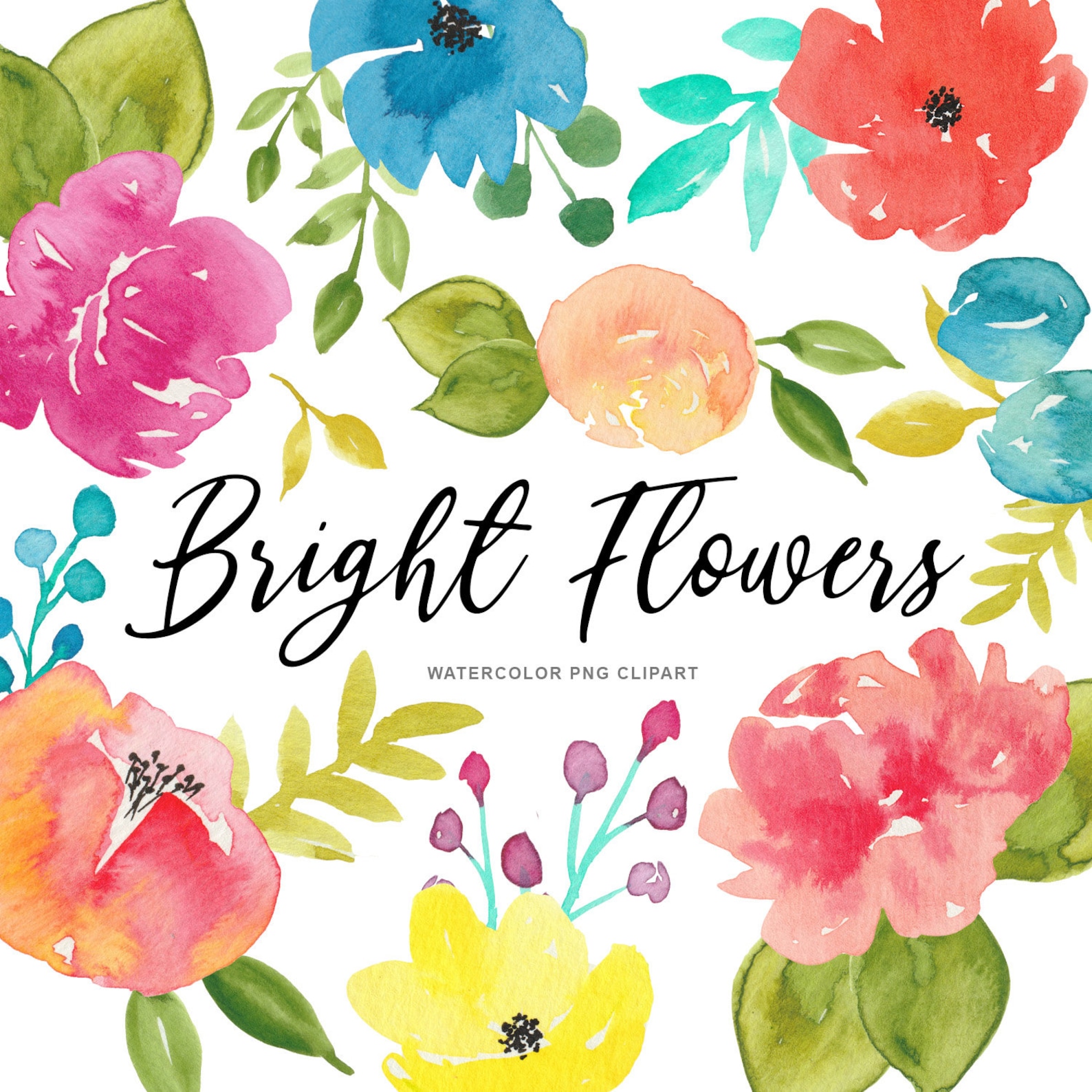 Bright Flowers Watercolor Clip Art - Colorful Floral Graphics ...
