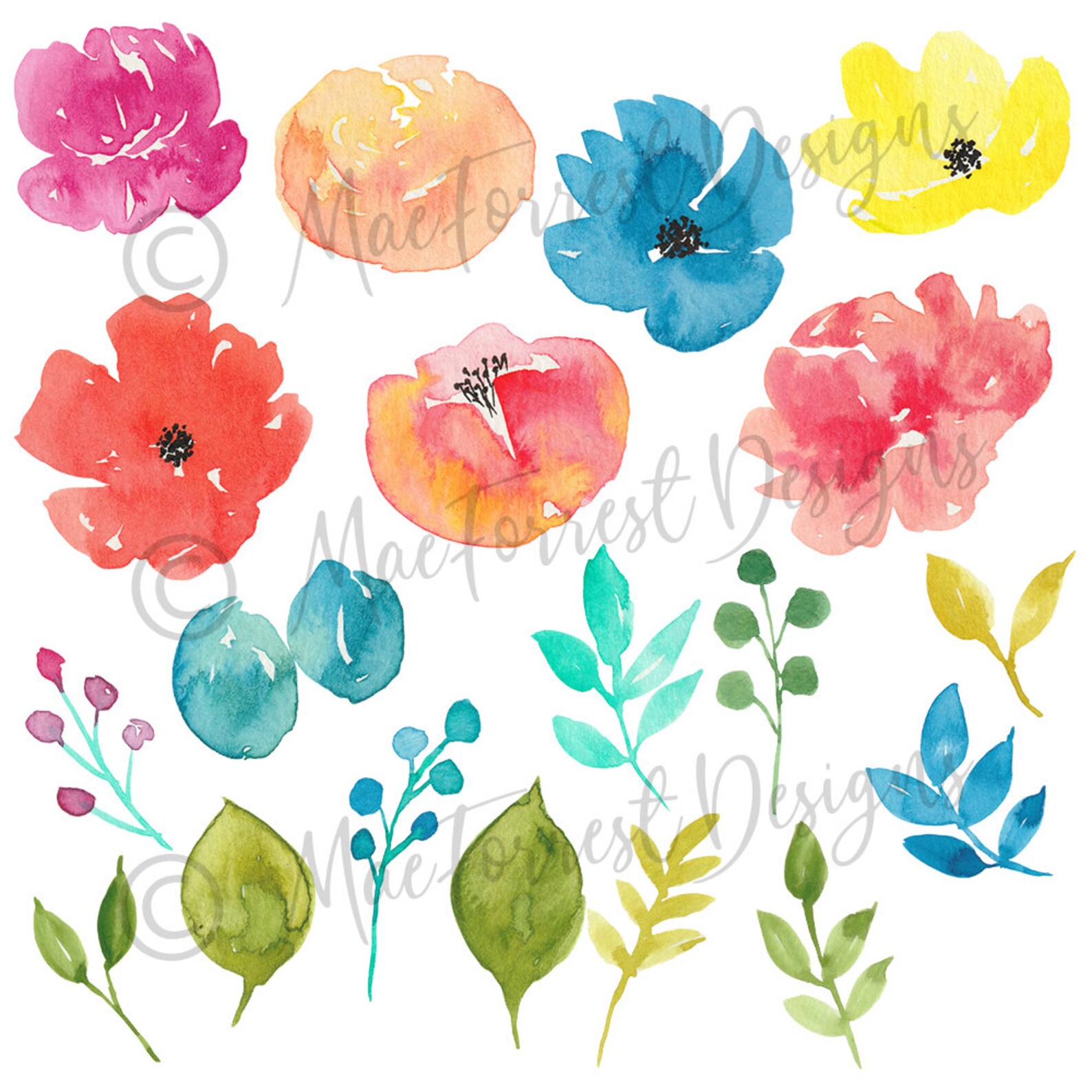 Bright Flowers Watercolor Clip Art - Colorful Floral Graphics ...