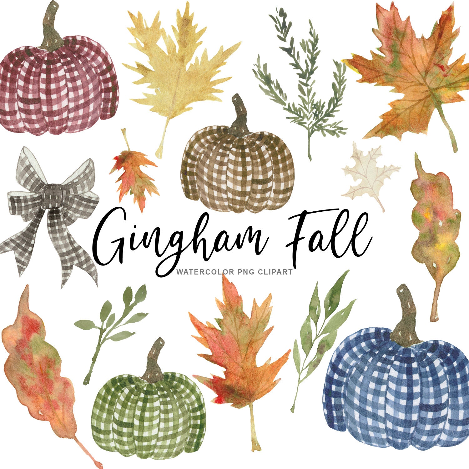 Gingham Fall Pumpkins and Leaves Clipart Gráficos de otoño Pajía PNG ...
