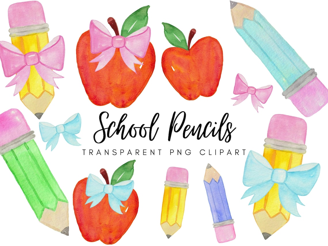 Watercolor School Pencils & Apples Clip Art Digital Download ...