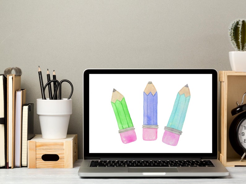 Watercolor School Pencils & Apples Clip Art Digital Download ...