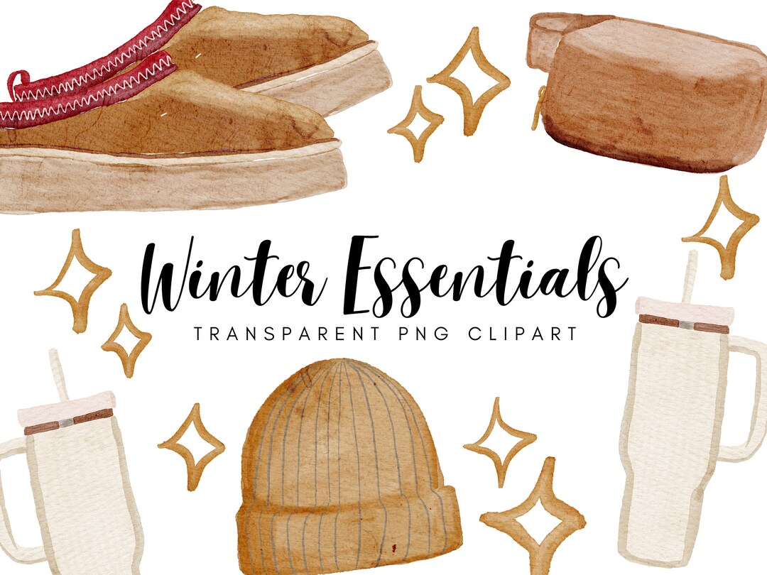 Watercolor Winter Essentials Clipart - Transparent Cozy Winter Hat, Bag ...