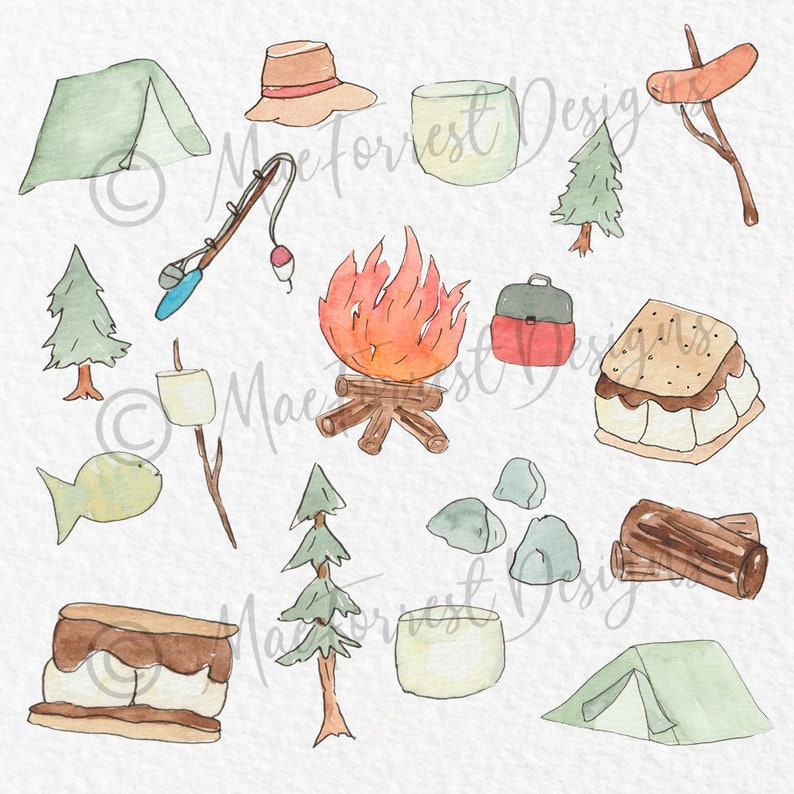Camping Watercolor Clip Art - Summer Lake Graphics - Personal ...