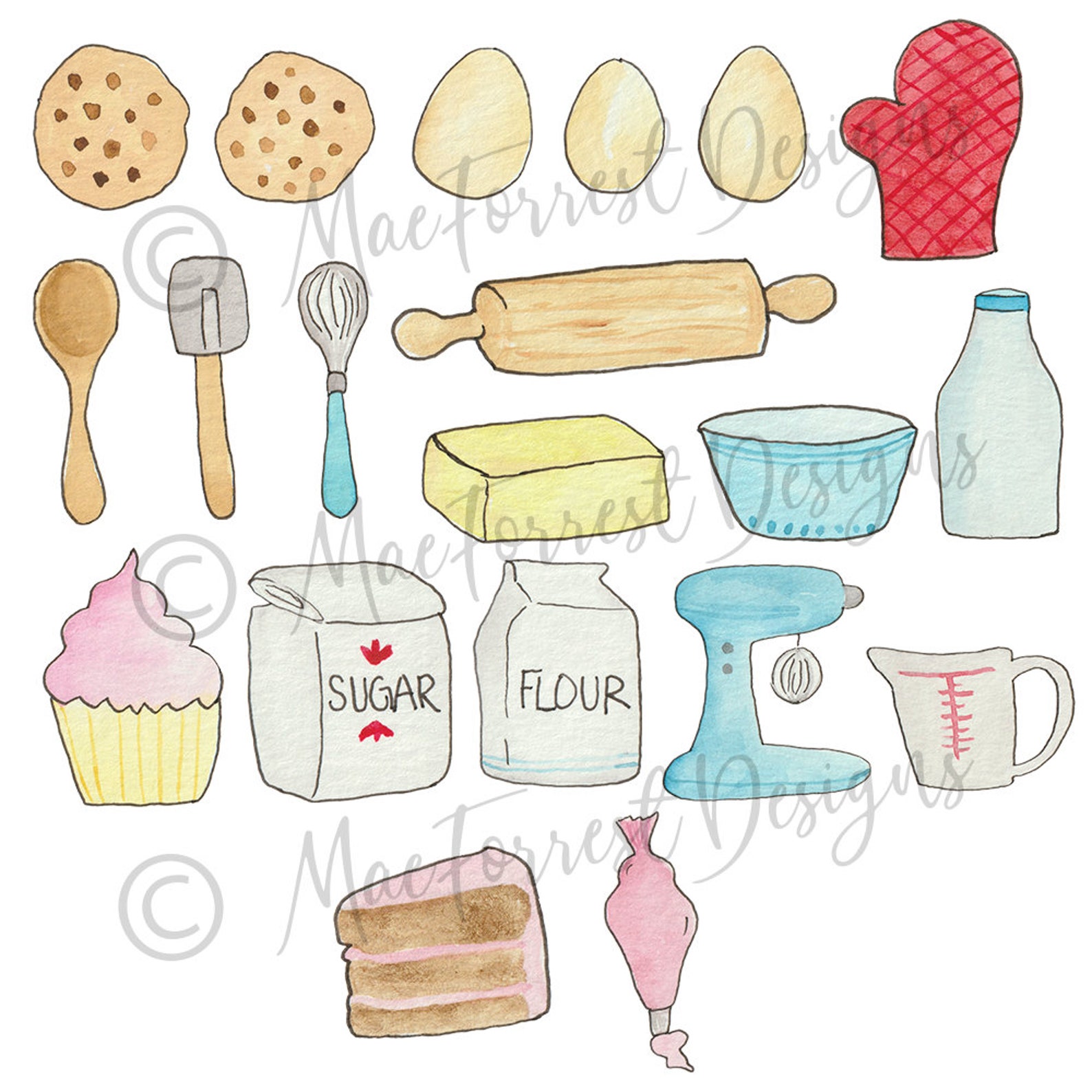 Baking Watercolor Clip Art - Baking Utensils Ingredients Graphics ...
