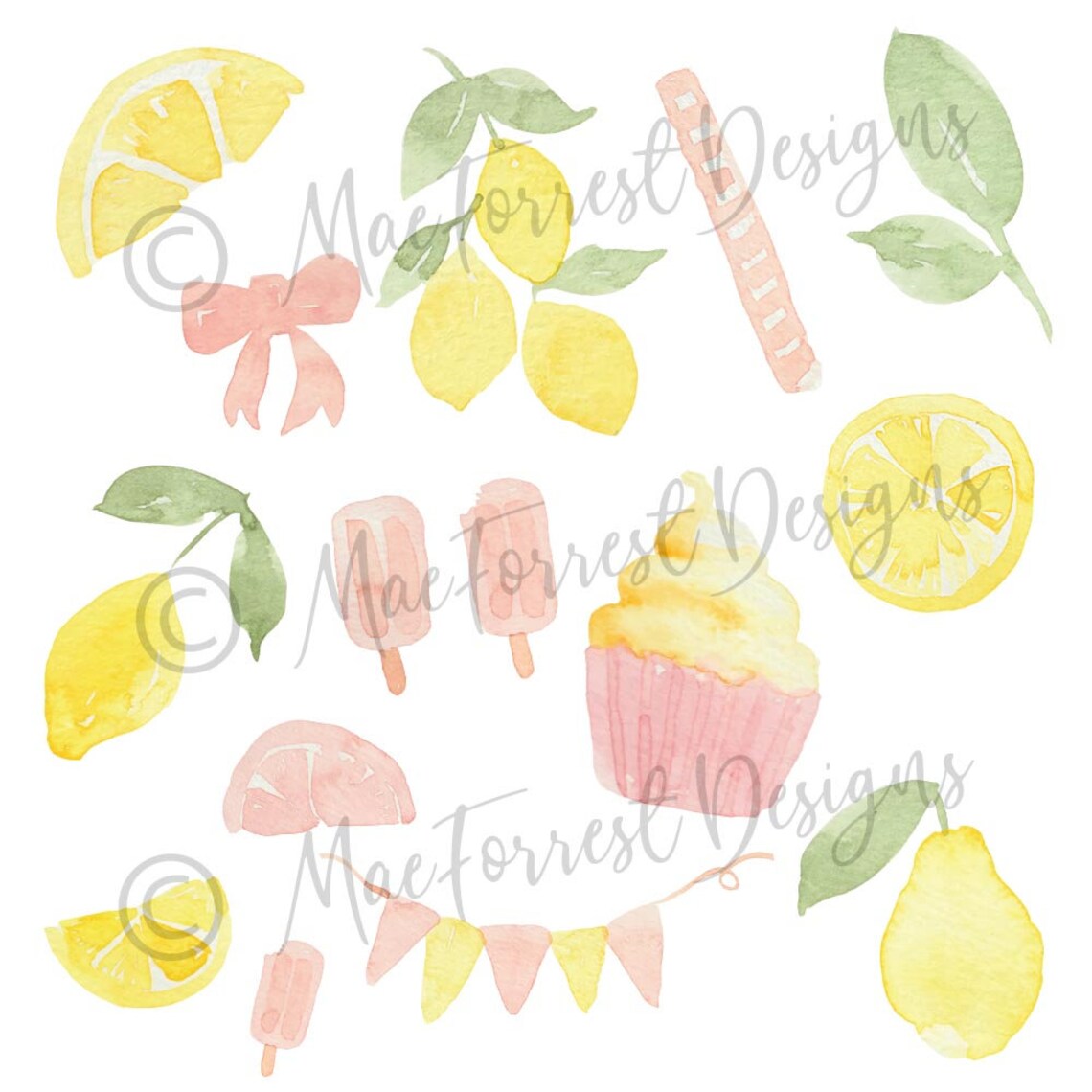 Summer Lemon Popsicle Watercolor PNG Clip Art Bundle Lemon Graphics ...
