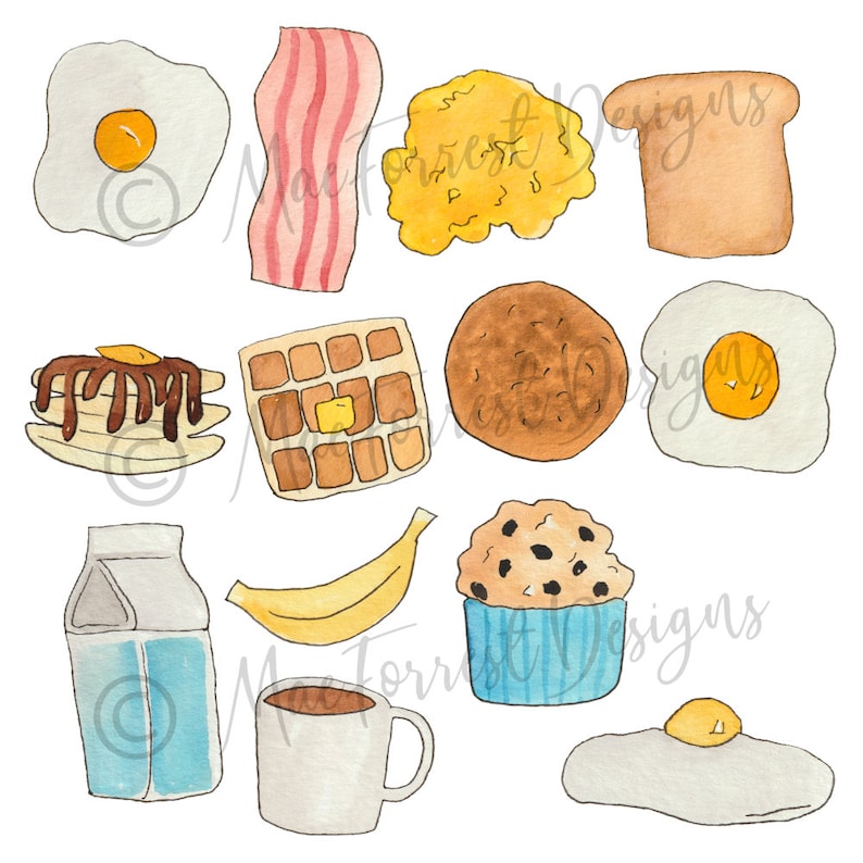 Breakfast Food Watercolor Clip Art - Breakfast Graphics Hand Painted ...