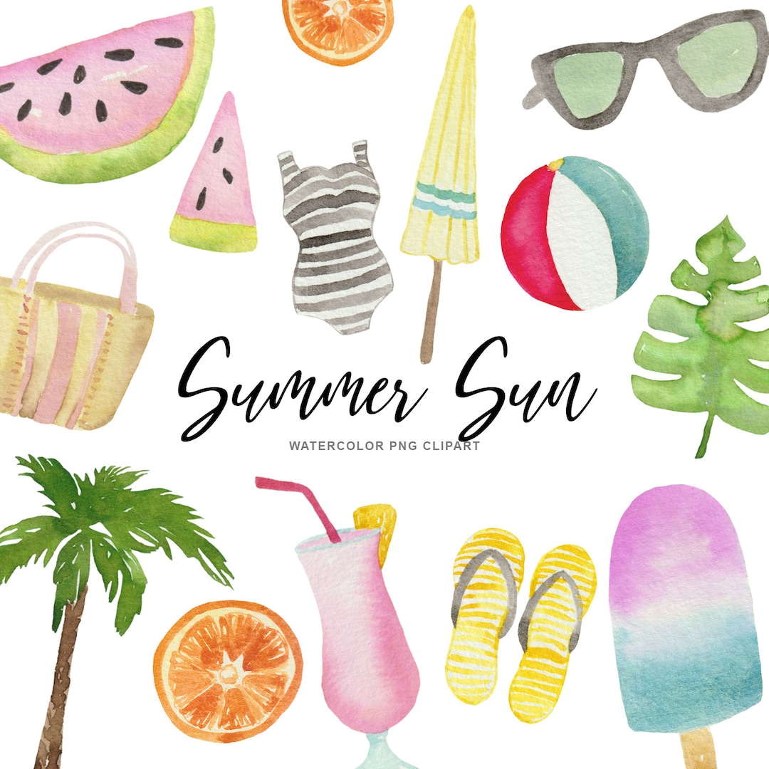 Beach Summer Sun Watercolor Clipart Elements - Transparent Summer ...