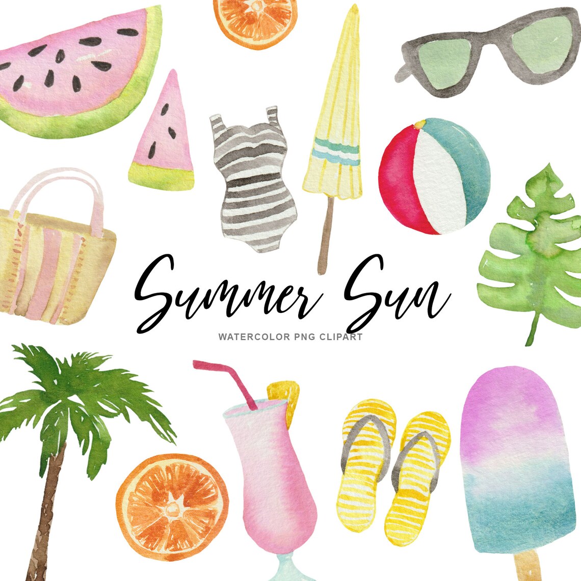 Beach Summer Sun Watercolor Clipart Elements - Transparent Summer ...
