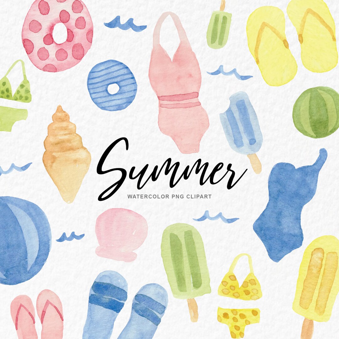 Summer Swim Suit Beach Flip Flops Pool Watercolor Clip Art - Summer ...