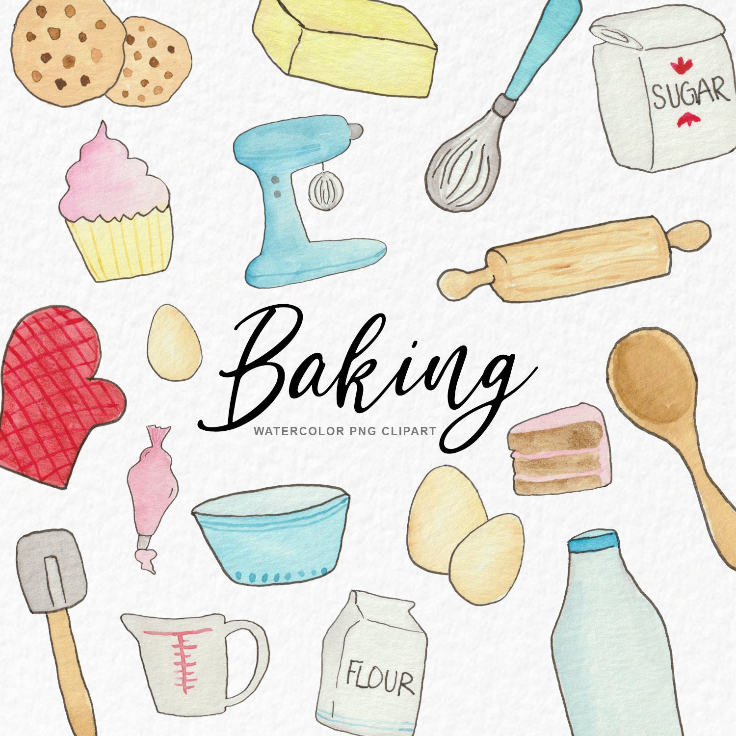 Baking Watercolor Clip Art - Baking Utensils Ingredients Graphics ...
