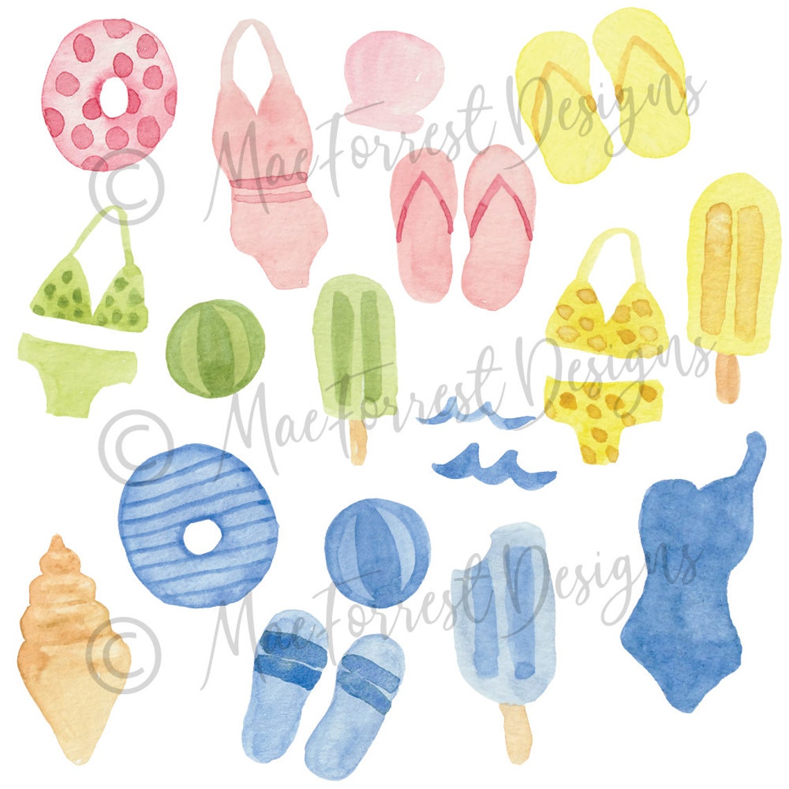 Summer Swim Suit Beach Flip Flops Pool Watercolor Clip Art - Etsy
