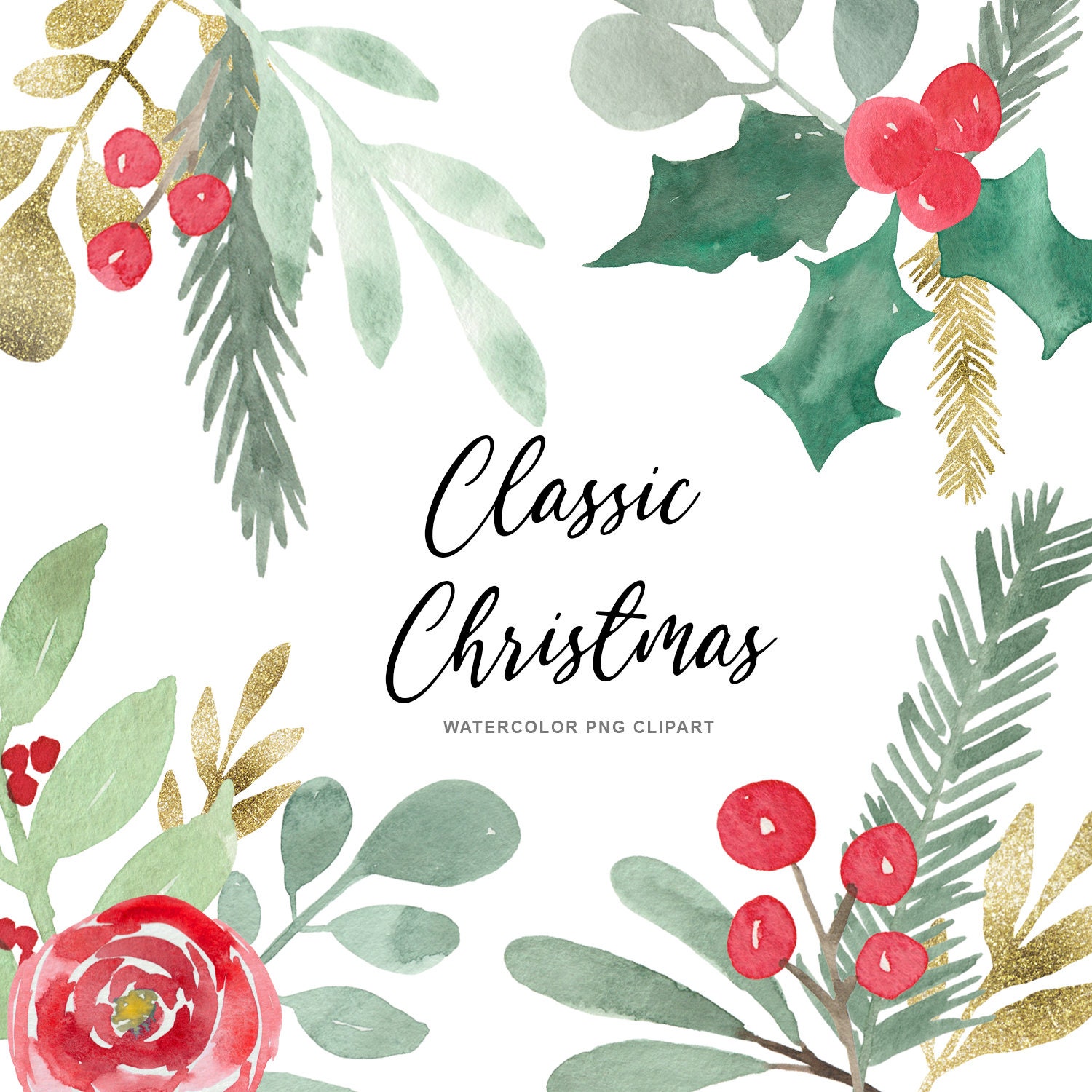 Classic Christmas Watercolor Clipart - Christmas Greenery PNG ...