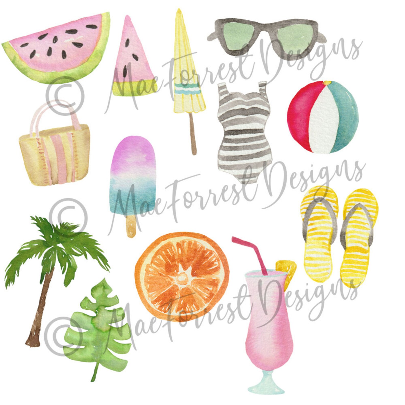 Beach Summer Sun Watercolor Clipart Elements - Transparent Summer ...