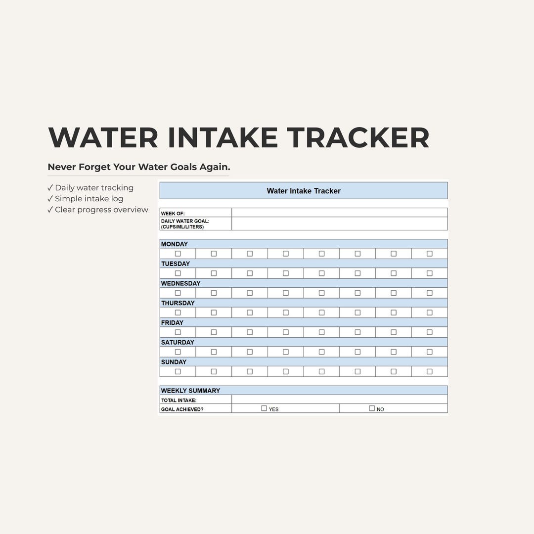 Water Intake Tracker Template Simple Daily Hydration Tracking and ...