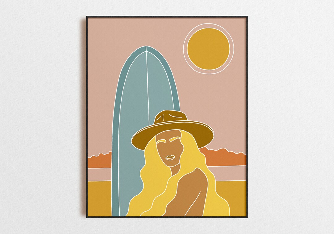 Boho Surfer Girl Print | Minimalist Beach Wall Art | Blonde Surf Art ...