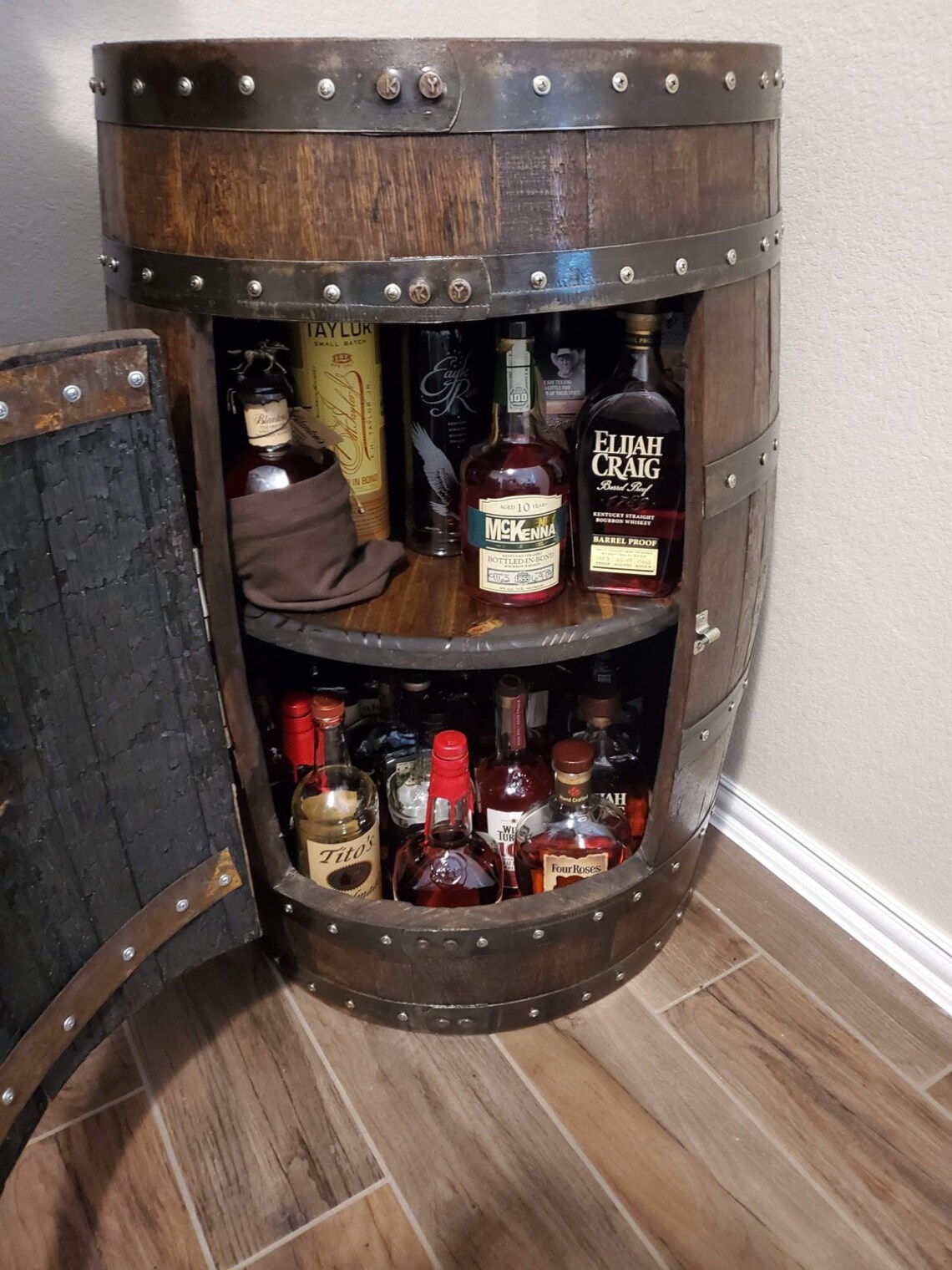 Whiskey barrel cabinet with door | Etsy