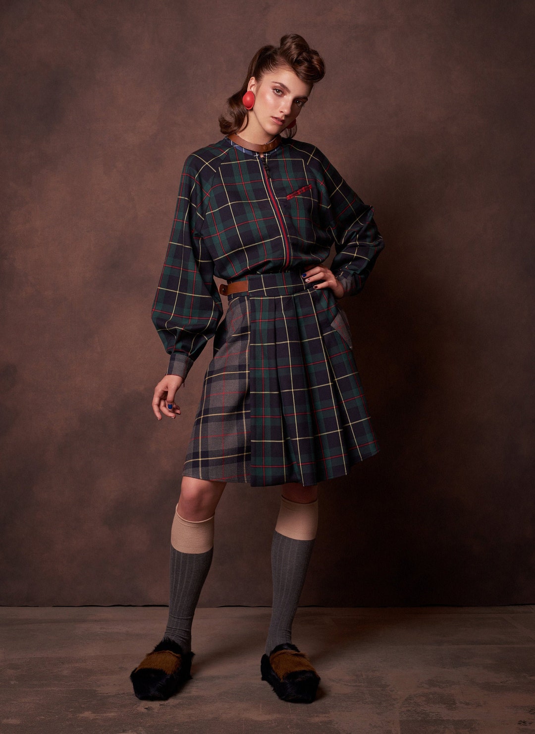 Tartan Wool Dress, Longsleeve Dress, Check Wool Dress, Fitted Dress ...