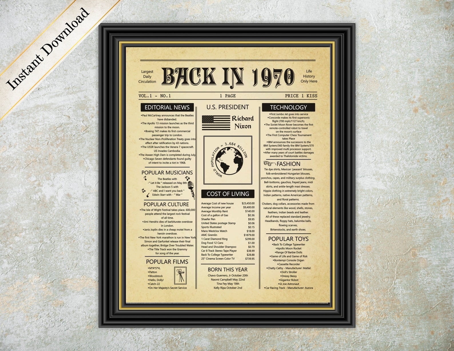 Back In 1970 Printable Poster Newspaper Style Sign 1970 | Etsy