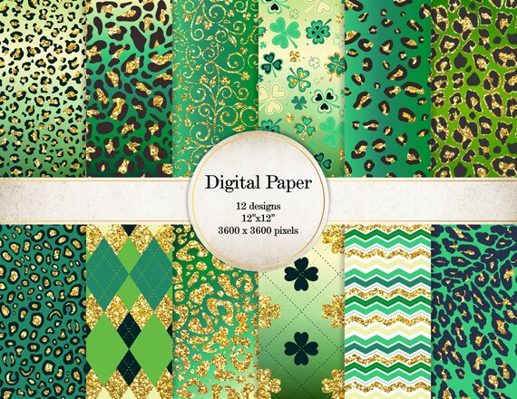 Green St Patrick Day Paper Pack Gold Glitter Leopard Digital | Etsy
