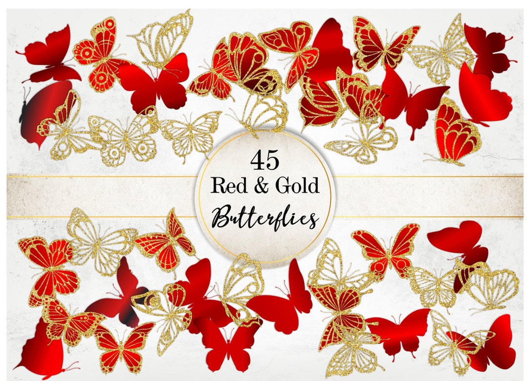 Red and Gold Glitter Butterfly Clipart: Lace & Metallic PNG Bundle ...