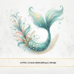 Sparkling Mermaid Tails Clipart: Pastel Glitter Watercolor Pngs ...