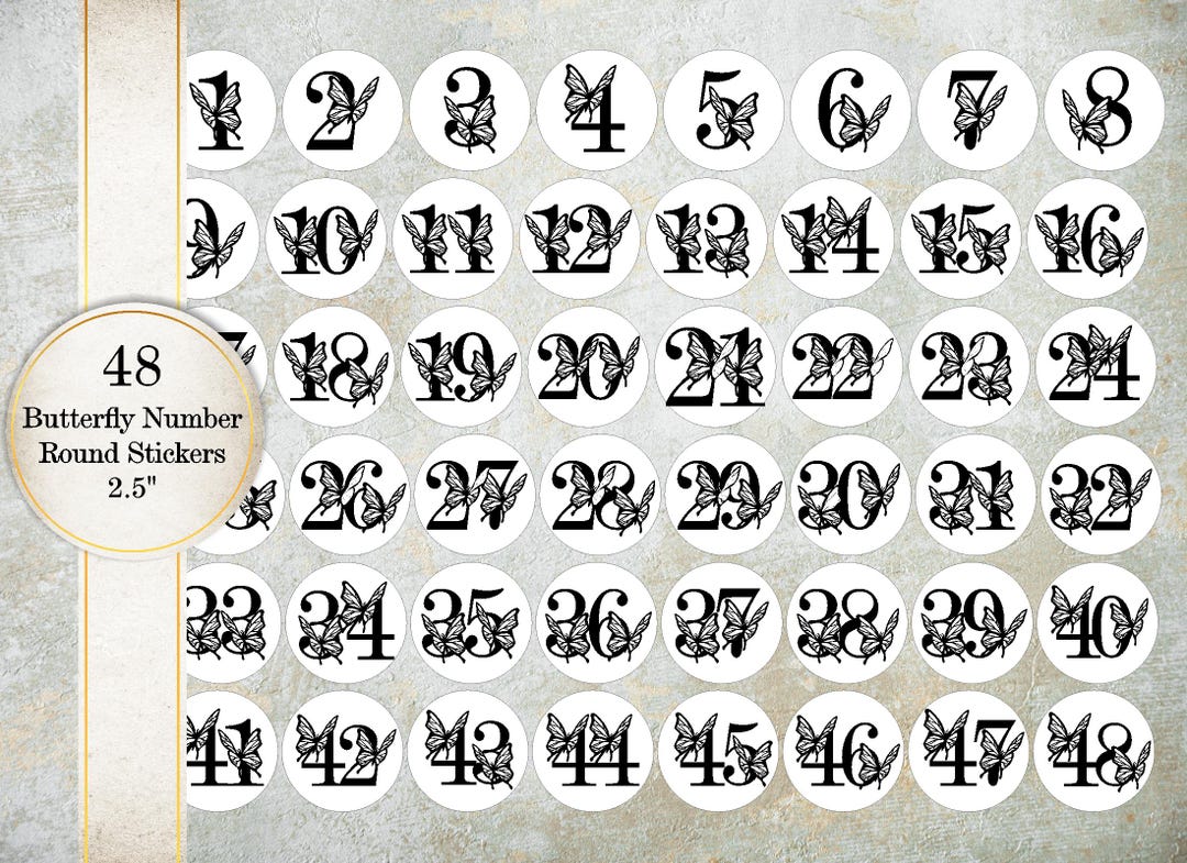 Butterfly Numbers Round Labels, Numbers 1-48, Printable Butterflies ...