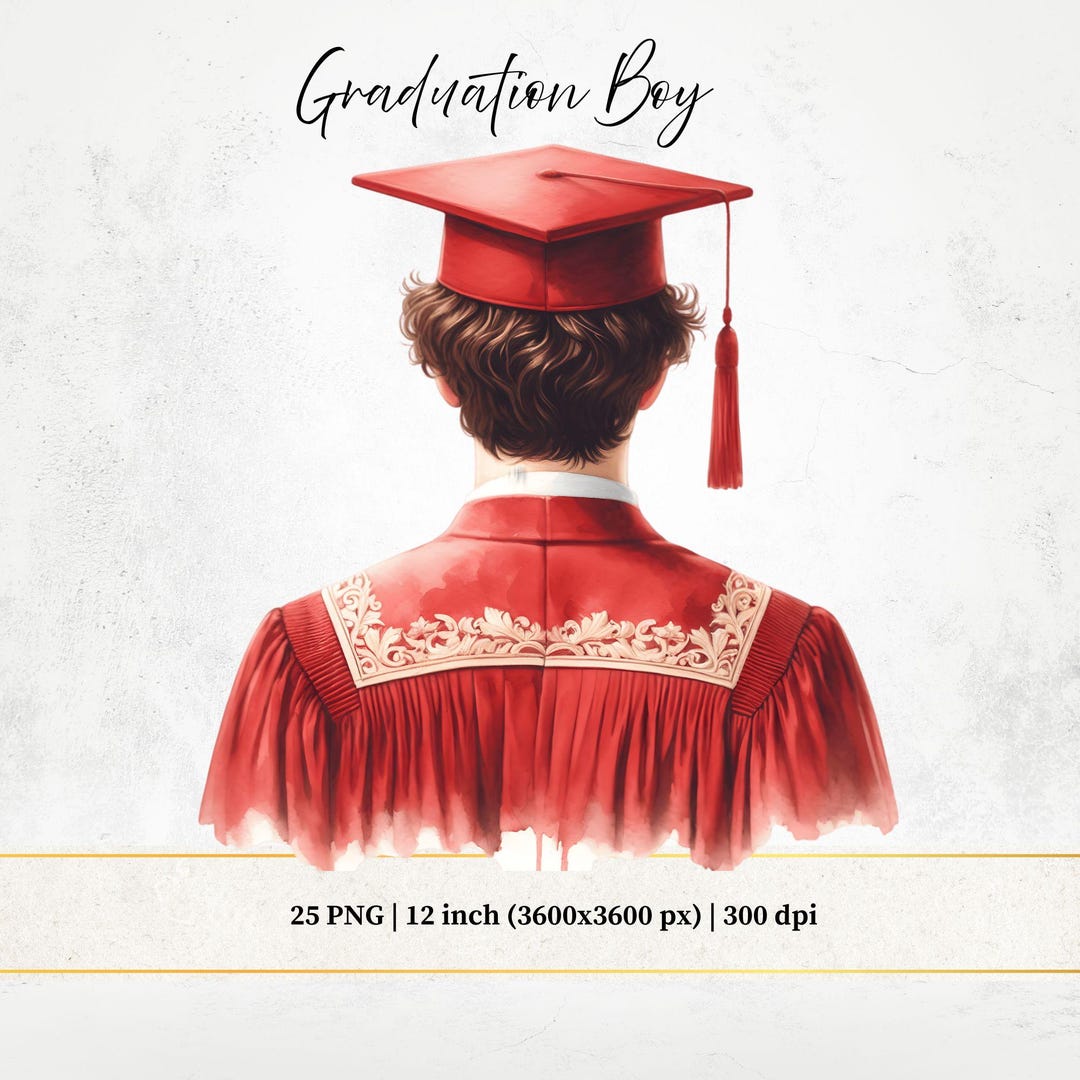 Watercolor Graduation Boy Clipart: Red Outfit, Back View (PNG Files ...