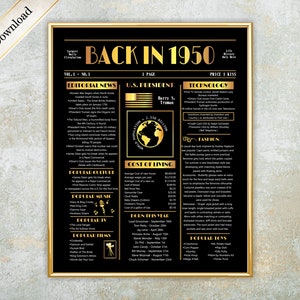 Golden Back in 1950 Poster, Elegant 1950 Birthday Sign, 1950 Facts ...