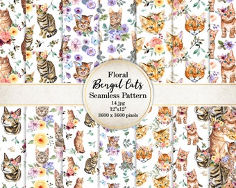 Watercolor Cats and Flowers Seamless Pattern Cat Digital - Etsy