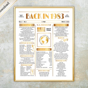 Luxury Back in 1983 Sign, Golden Digital Newspaper Poster, White or ...