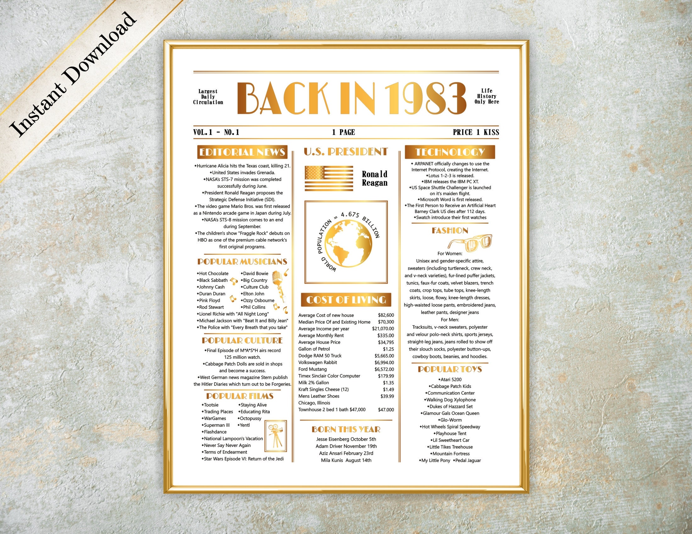 Luxury Back in 1983 Sign Golden Digital Newspaper Poster - Etsy