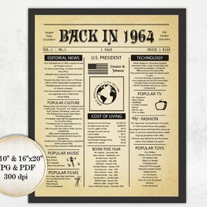 Back in 1964 Vintage Poster, Printable Newspaper Sign, Born in 1964 ...