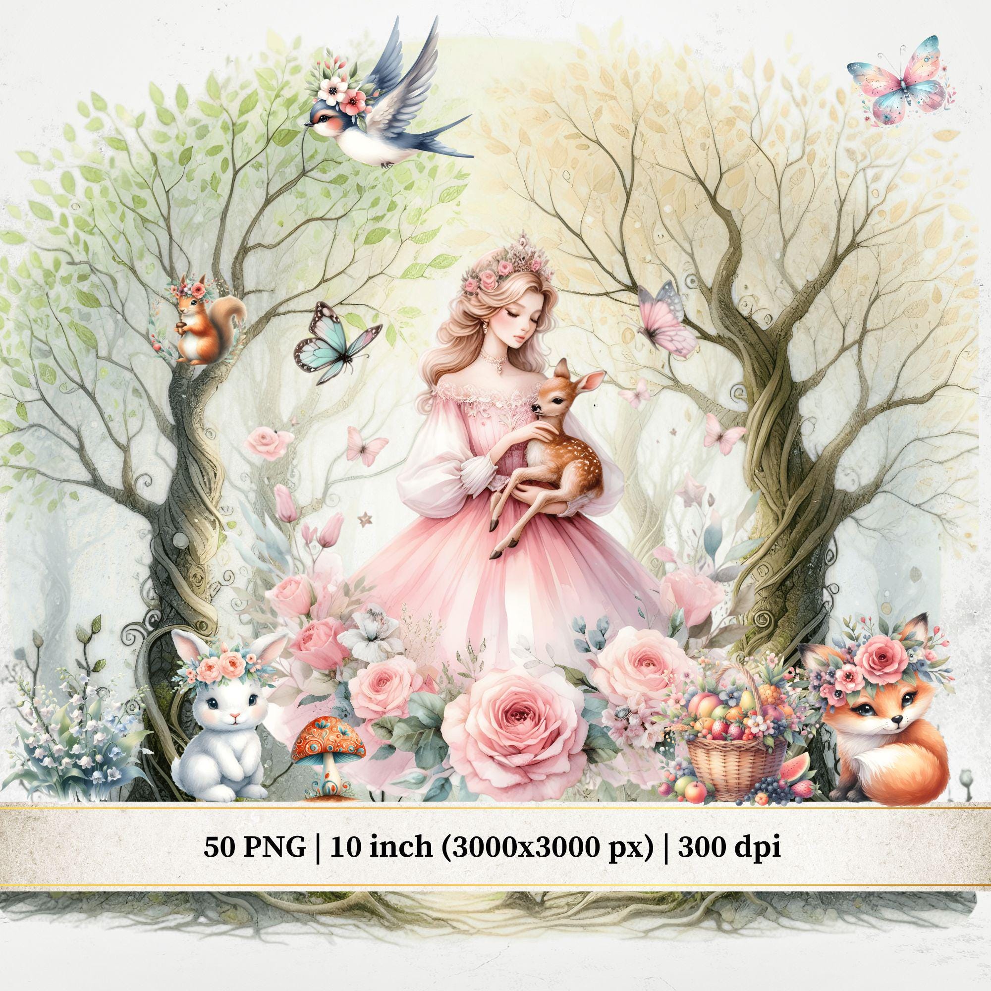 Watercolor Princess and Animals PNG Clipart: Fairytale Nursery Decor ...